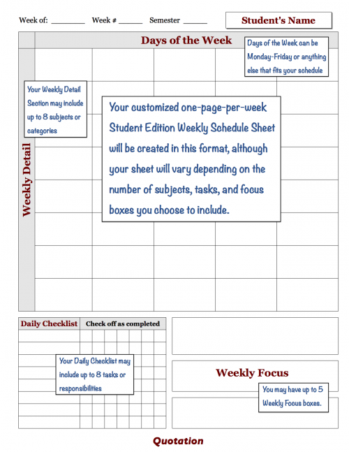Weekly Schedule Page - Student Edition
