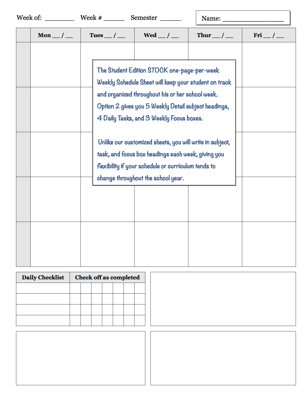 Your Weekly Schedule Sheets – Student Edition | A Plan in Place