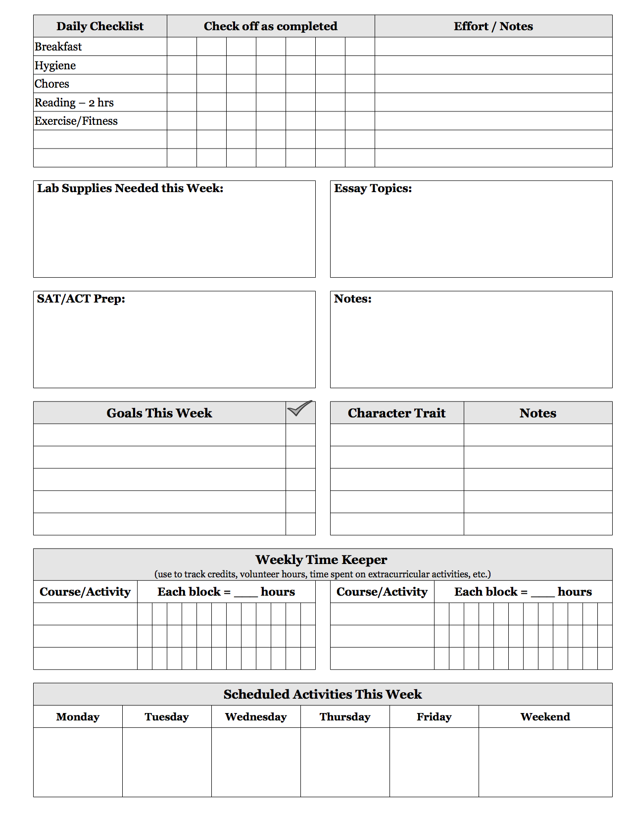Your Weekly Schedule Sheets – High School Edition | A Plan in Place