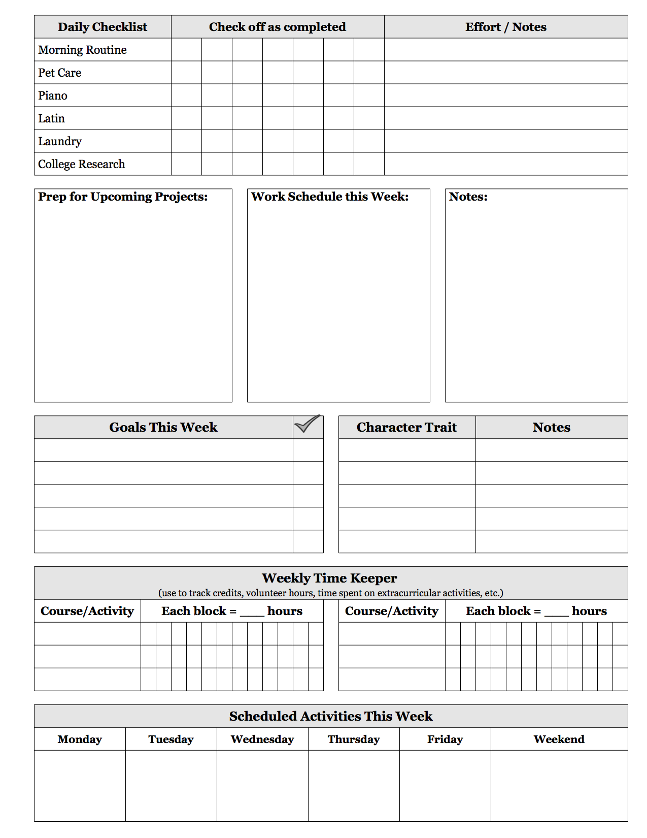 Your Weekly Schedule Sheets – High School Edition | A Plan in Place