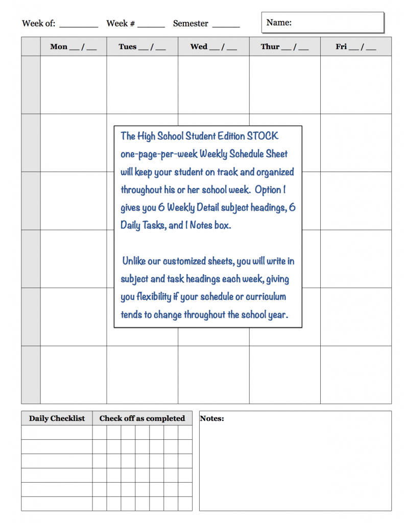Weekly Schedule Page - High School Edition