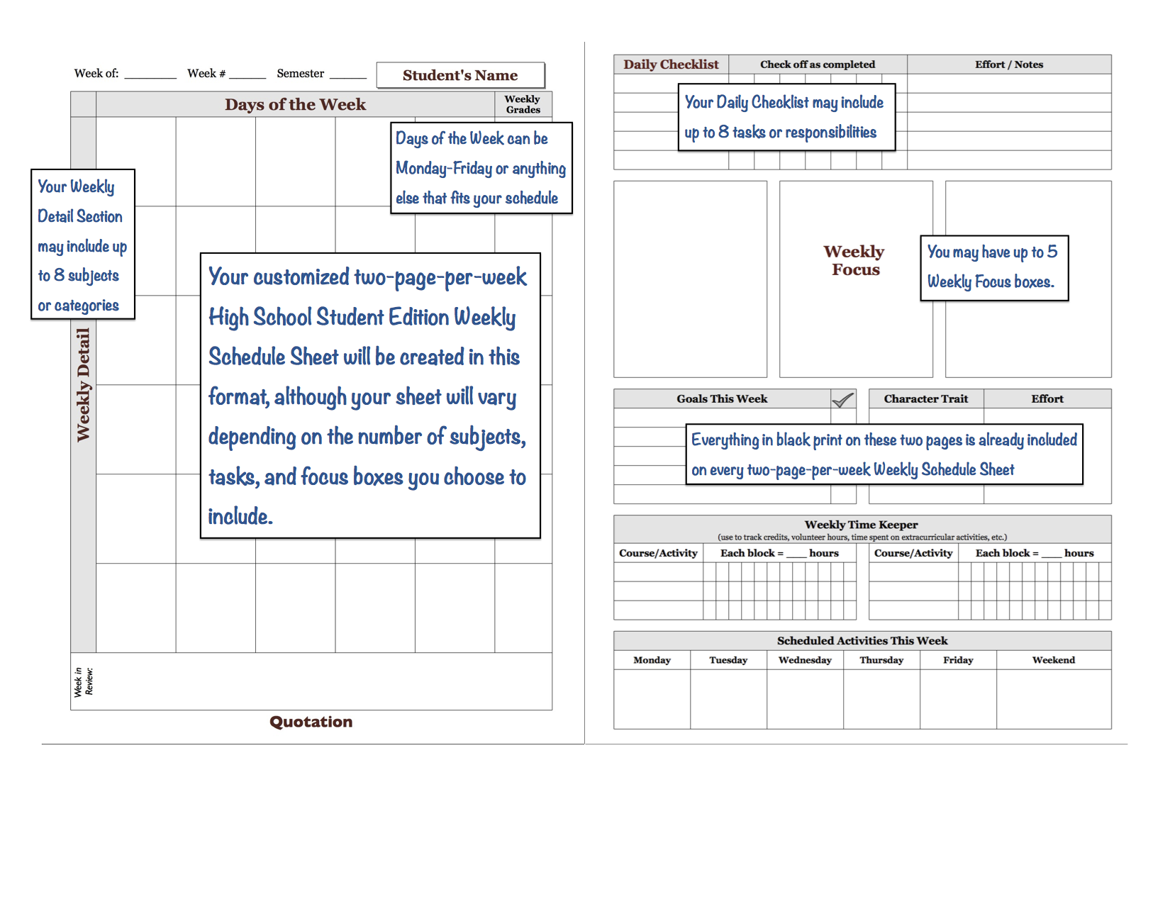 Weekly Schedule Page - High School Edition