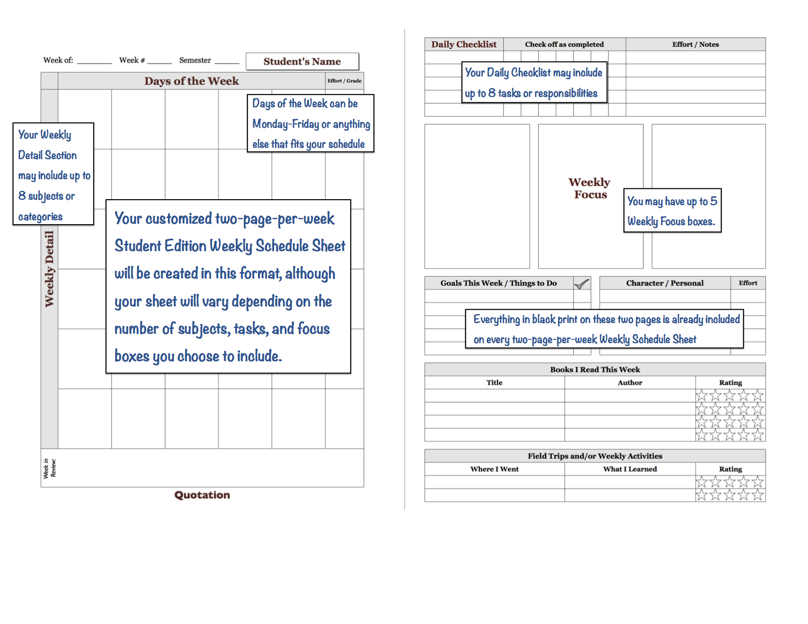 Weekly Schedule Page - Student Edition